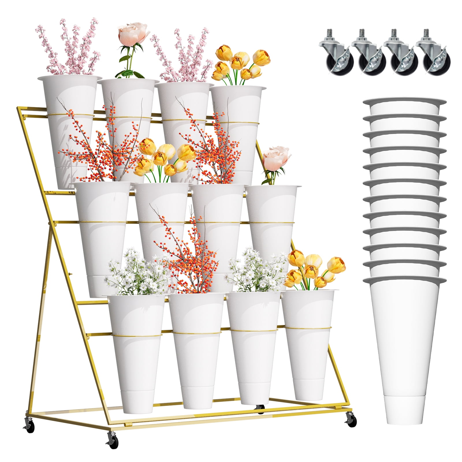 3-Tier Metal Flower Rack, Movable, 12 Buckets, for Warehouses ...