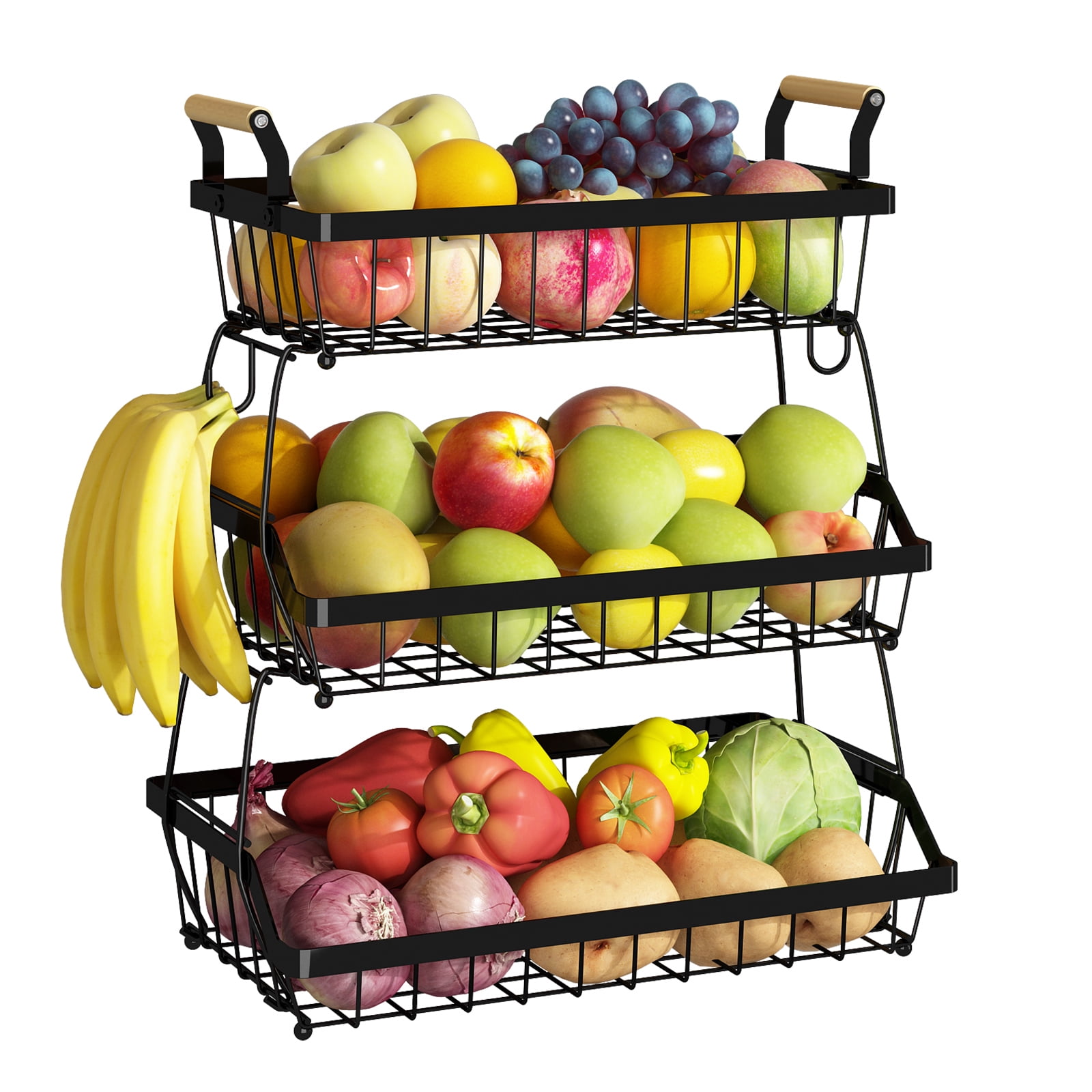 3-Tier Wire Fruit Basket, Black Metal with Wooden Handles, for Kitchen ...