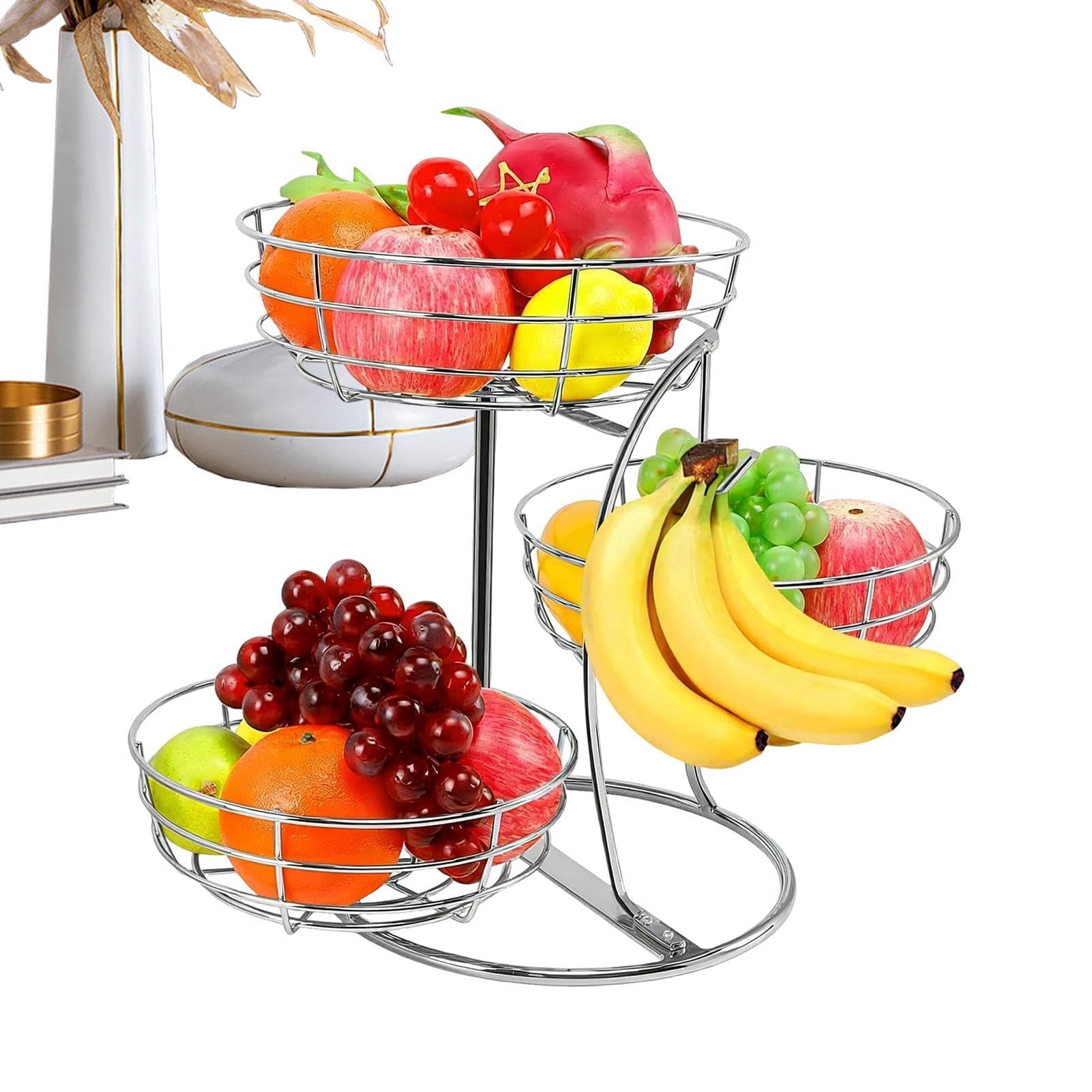 3-Tier Metal Fruit Basket with Banana Hanger, 3-Tier Metal Non-Slip ...
