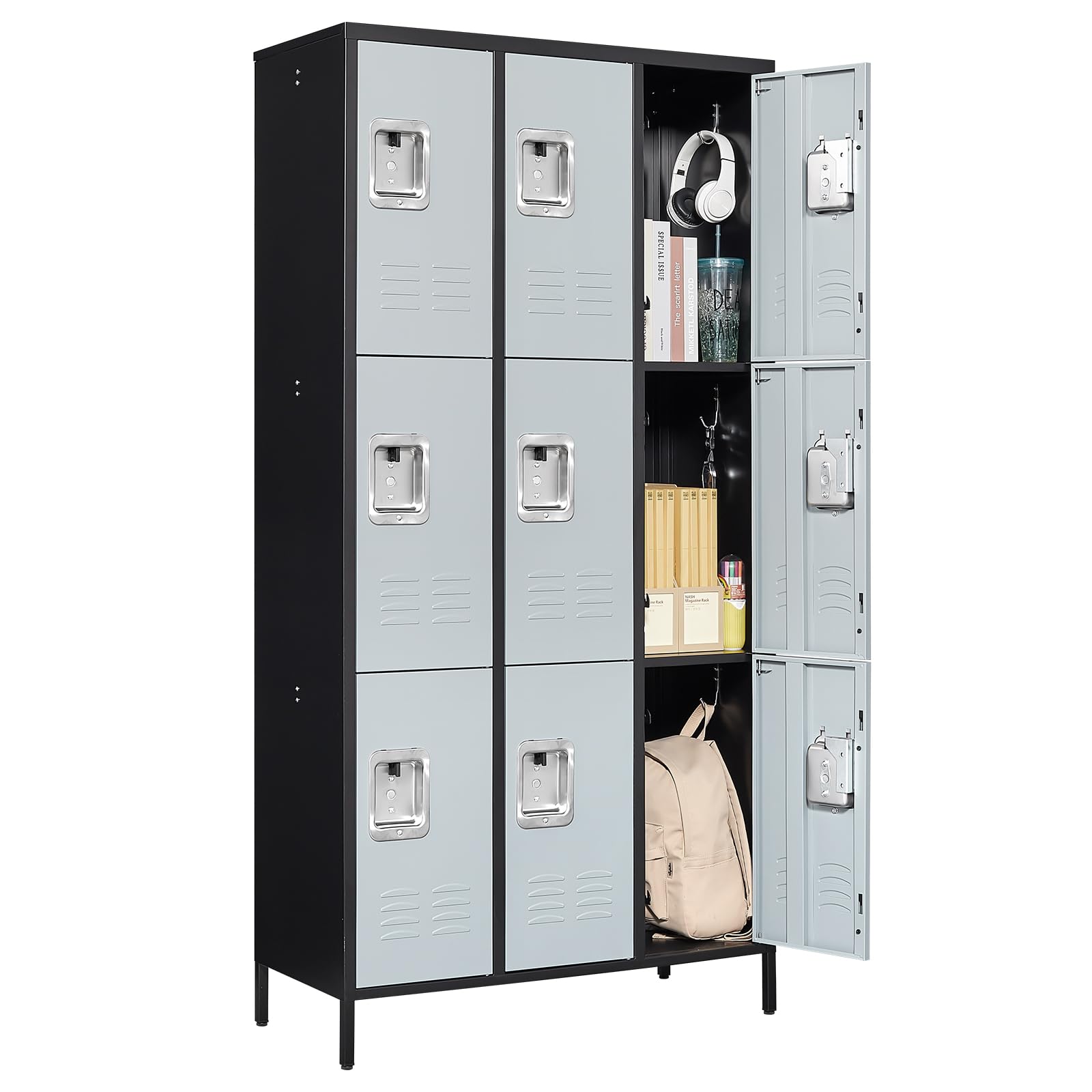 3-Wide Metal Lockers 72x36x16 Inches, 9 Compartment Storage Unit for ...