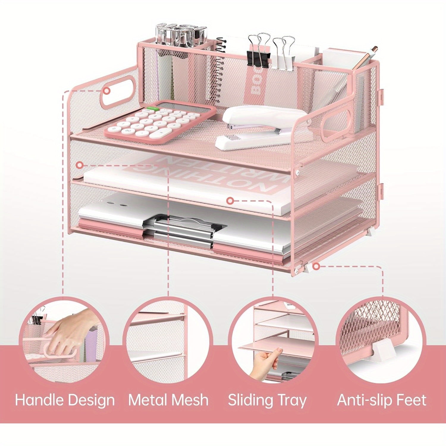 3-Tier Metal Mesh Paper Tray Organizer with Pen Holder - Sliding Trays ...