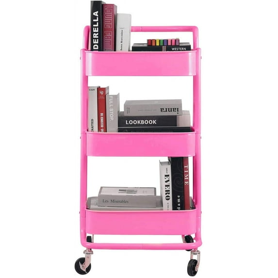 3-Tier Pink Metal Mesh Rolling Cart Storage Organizer, Utility Handle ...