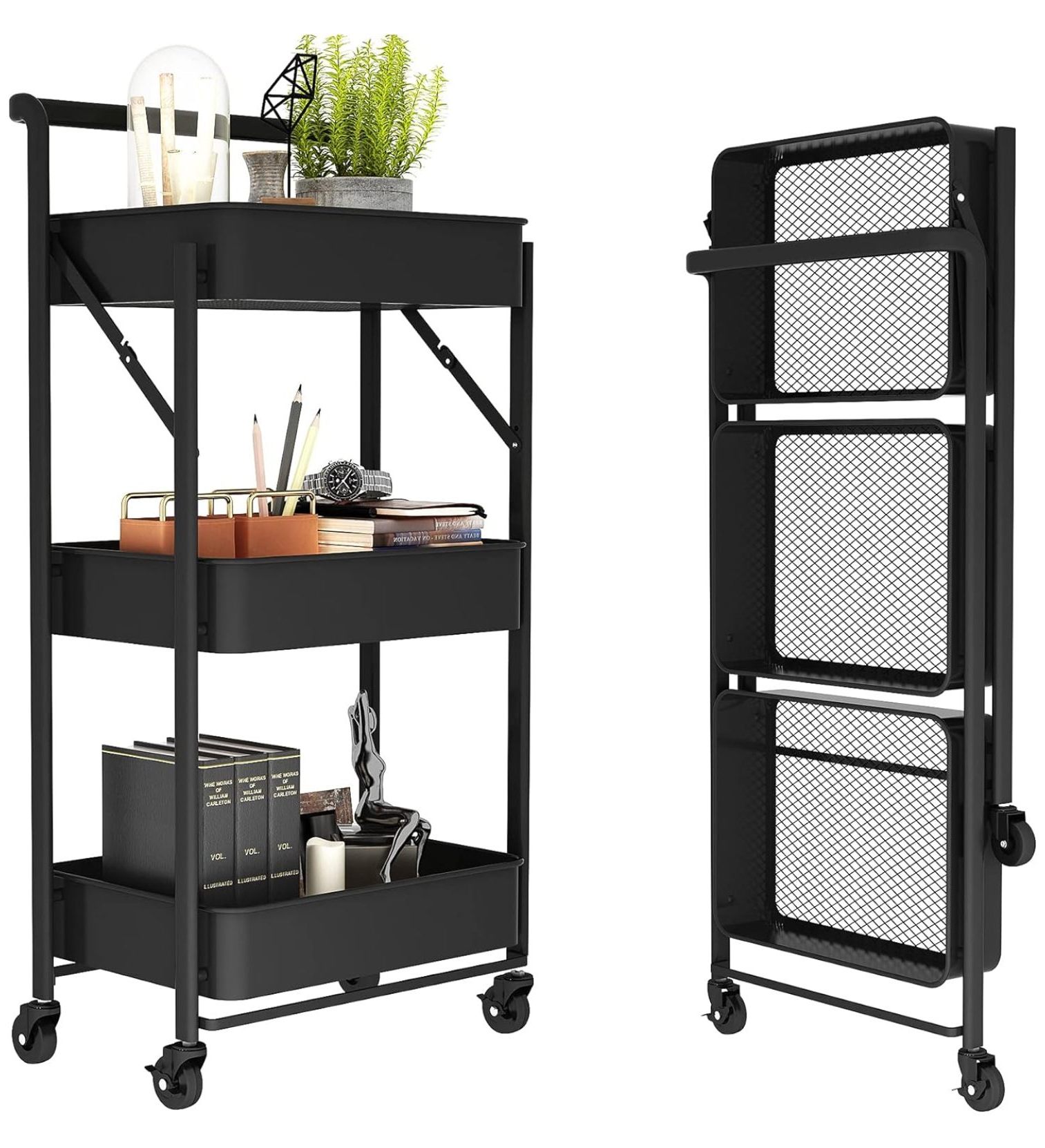 3-Tier Metal Mobile Cart, Foldable, Locking Wheels for Utility ...