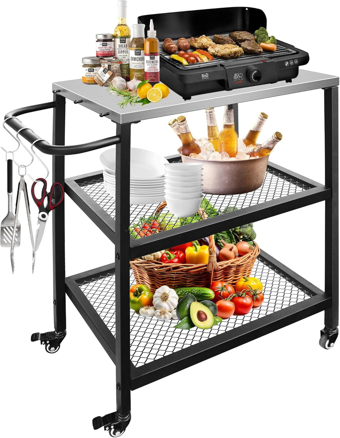 3-Tier Metal Outdoor Grill Cart with Wheels, Pizza Oven Stand Table ...