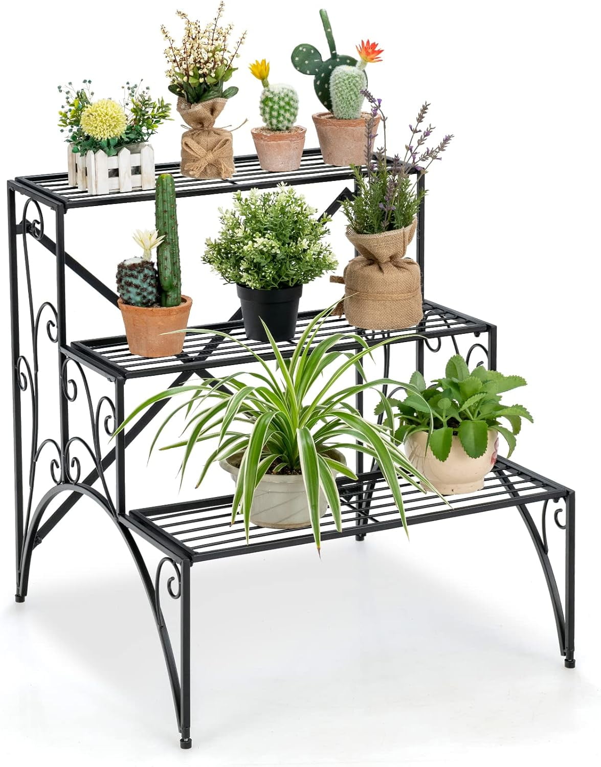 3-Tier Metal Plant Stand, Rectangular Ladder Tiered Flower Pot Holder ...