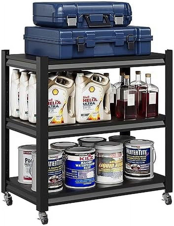 3 Tier Metal Racks with Wheels Mobile Garage Shelves Unit 17.7" D x 33. ...