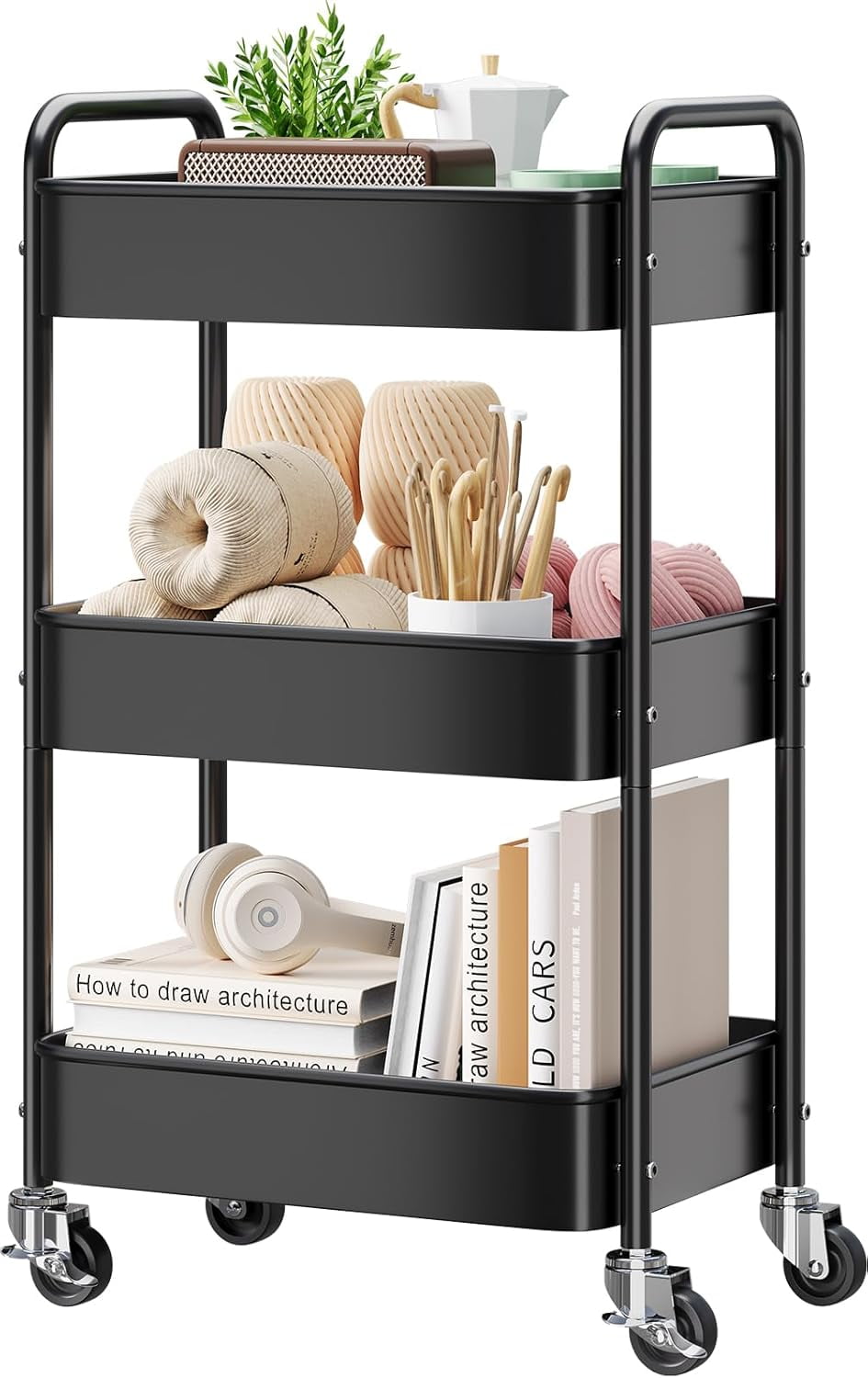 3-Tier Metal Rolling Cart, Black Cart with Lockable Wheels, Three-Tier Wheeled Utility Cart for ...