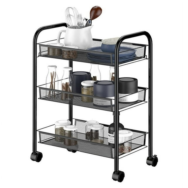 3-Tier Metal Rolling Cart, Mesh Wire Easy Assemble Utiity Cart, Storage ...