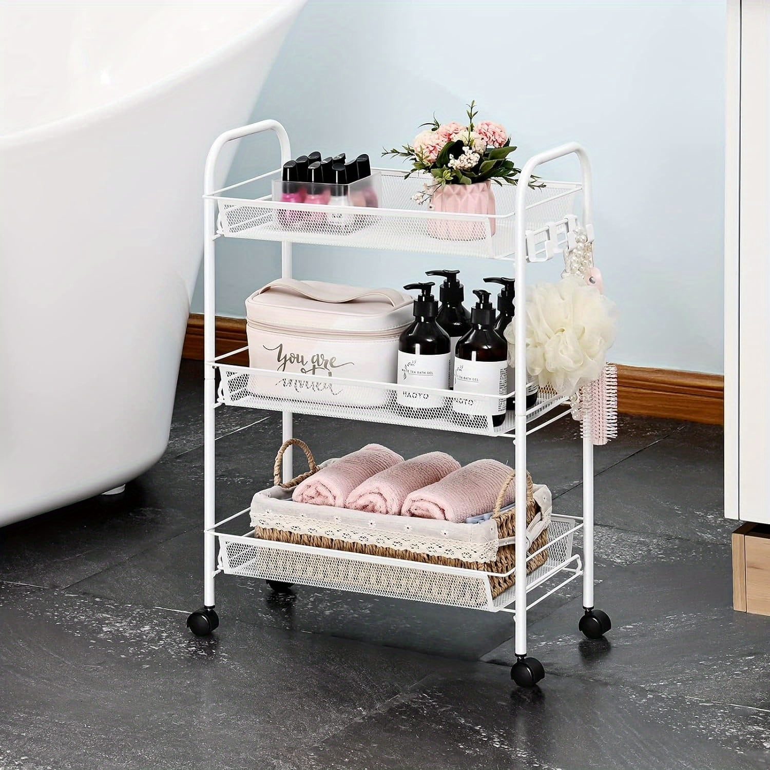 3-Tier Metal Rolling Cart - Mesh Wire Easy Assemble Utility Cart ...