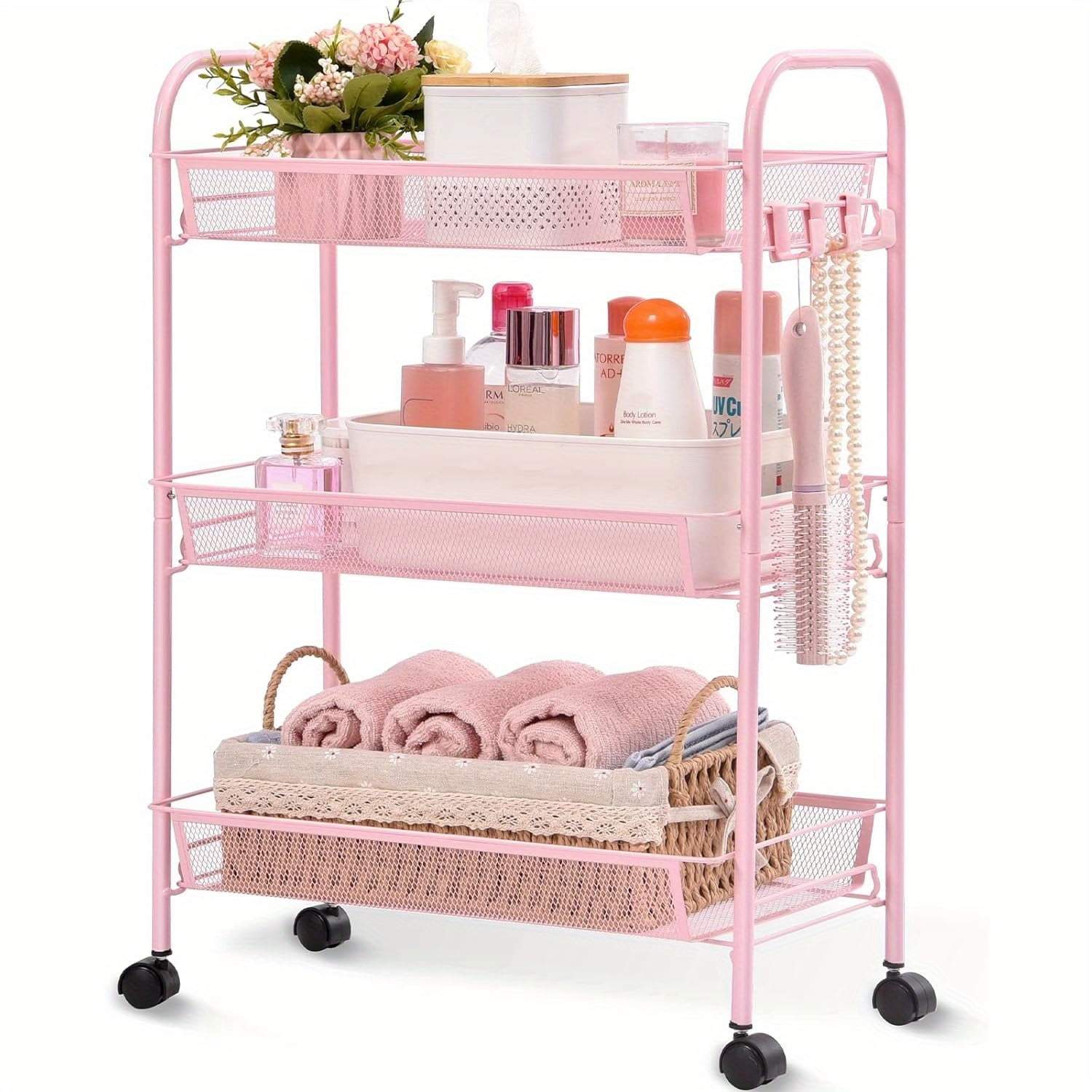 3-Tier Metal Rolling Cart - Mesh Wire Easy Assemble Utility Cart ...