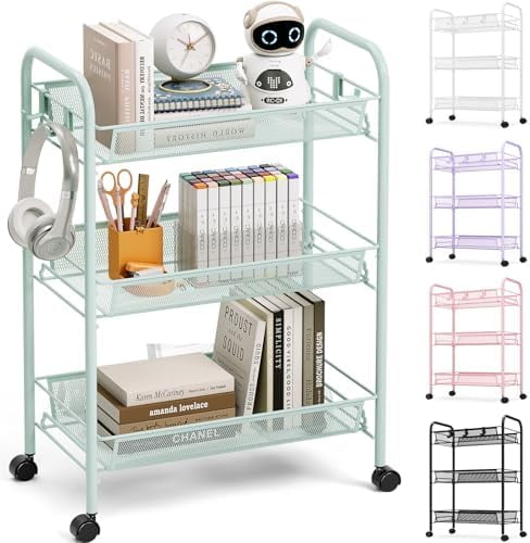 3-Tier Metal Rolling Cart, Mesh Wire Easy Assemble Utility Cart ...