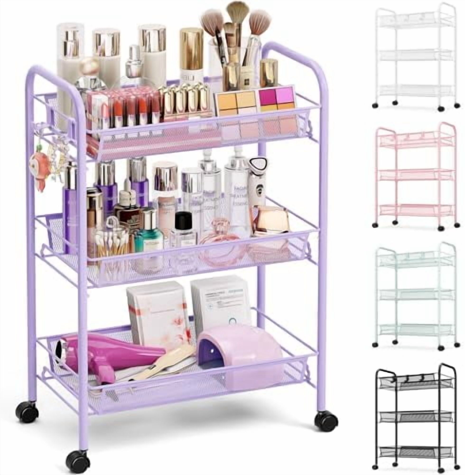 3-Tier Metal Rolling Cart, Mesh Wire Easy Assemble Utility Cart ...