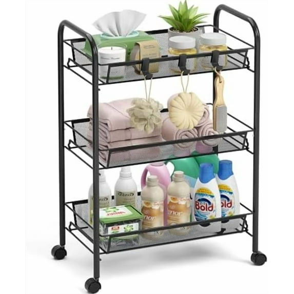 3-Tier Metal Rolling Cart, Mesh Wire Easy Assemble Utility Cart ...