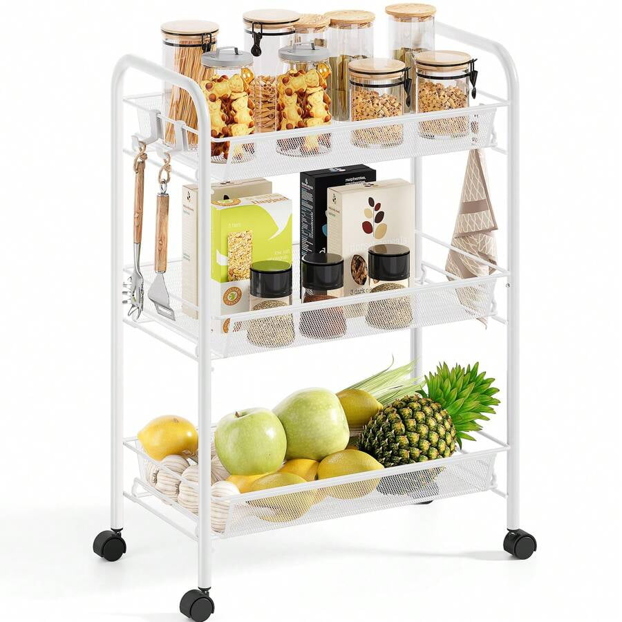 3-Tier Metal Rolling Cart, Mesh Wire Easy Assemble Utility Cart ...