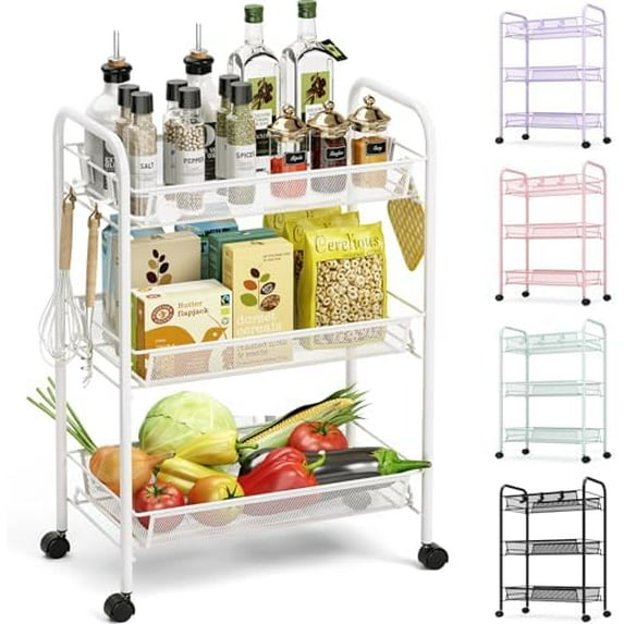 3-Tier Metal Rolling Cart, Mesh Wire Easy Assemble Utility Cart ...