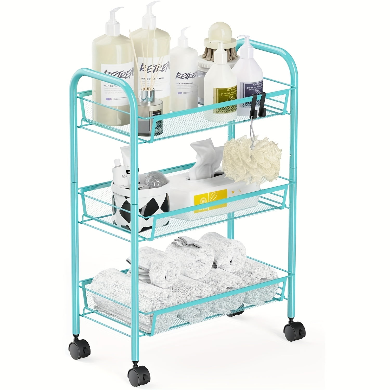 3-Tier Metal Rolling Cart Mesh Wire Easy Assemble Utility Cart with 3 ...