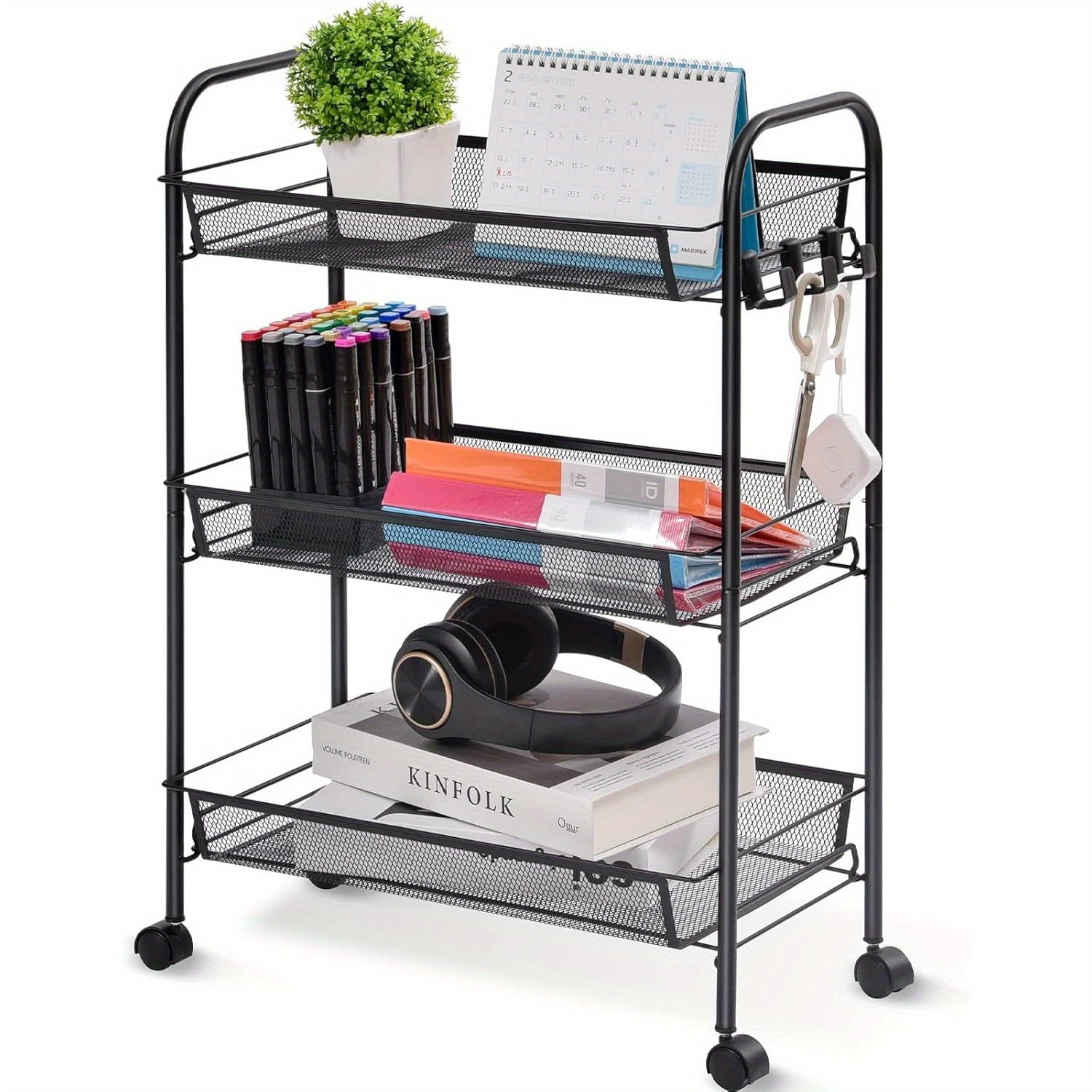3-Tier Metal Rolling Cart, Mesh Wire Utility Cart with Wheels and Hooks ...
