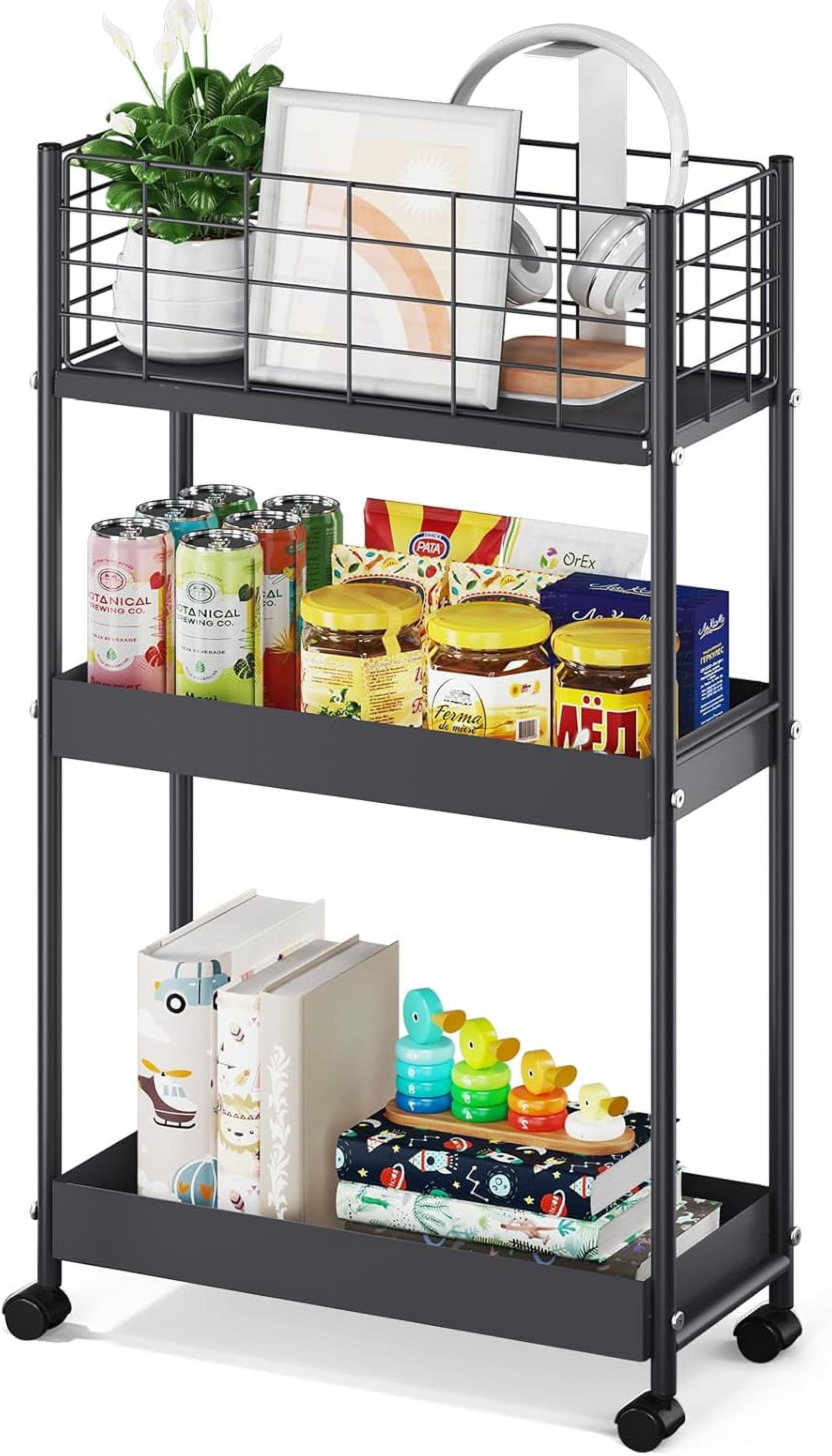 3-Tier Metal Rolling Cart, Slim Storage Cart, Mobile Shelving Unit ...