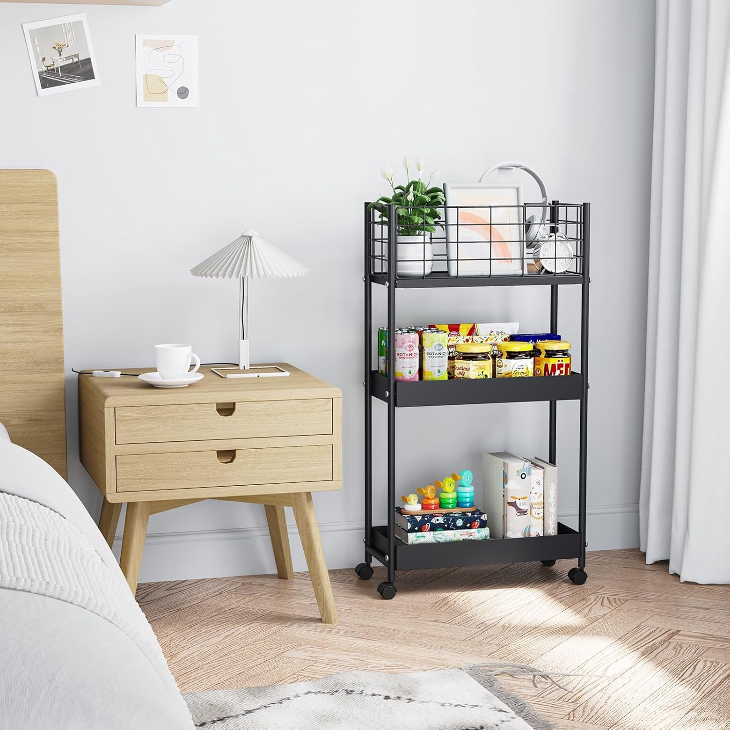 3-Tier Metal Rolling Cart, Slim Storage Trolley with Wheels, Bathroom ...