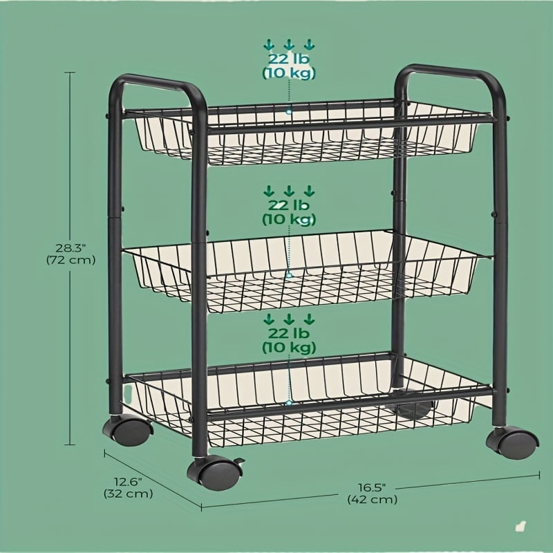 3-Tier Metal Rolling Cart on Wheels, Storage Cart, Snack Cart with ...