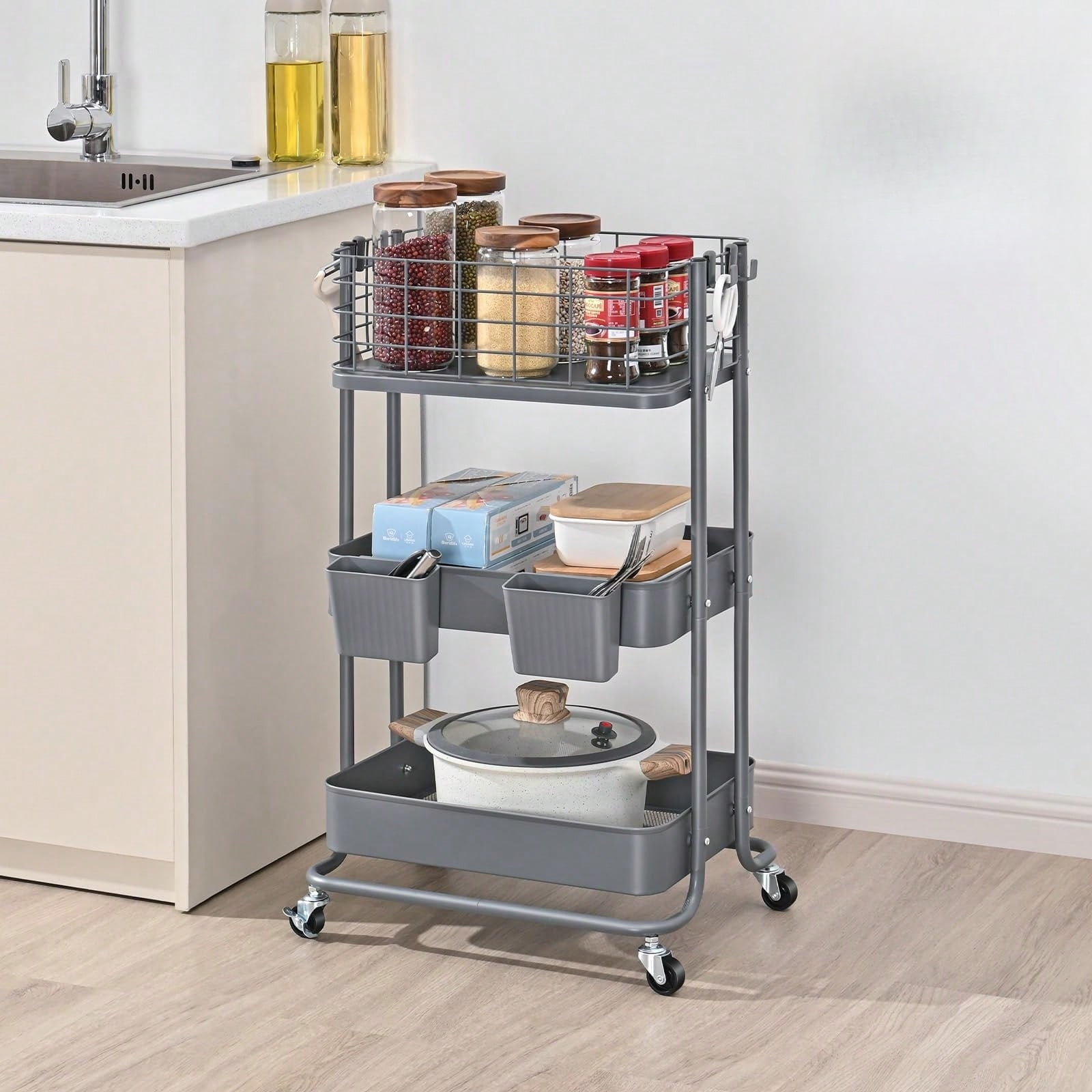 3-Tier Metal Rolling Cart With Wheels, Utility Cart, Movable Storage ...