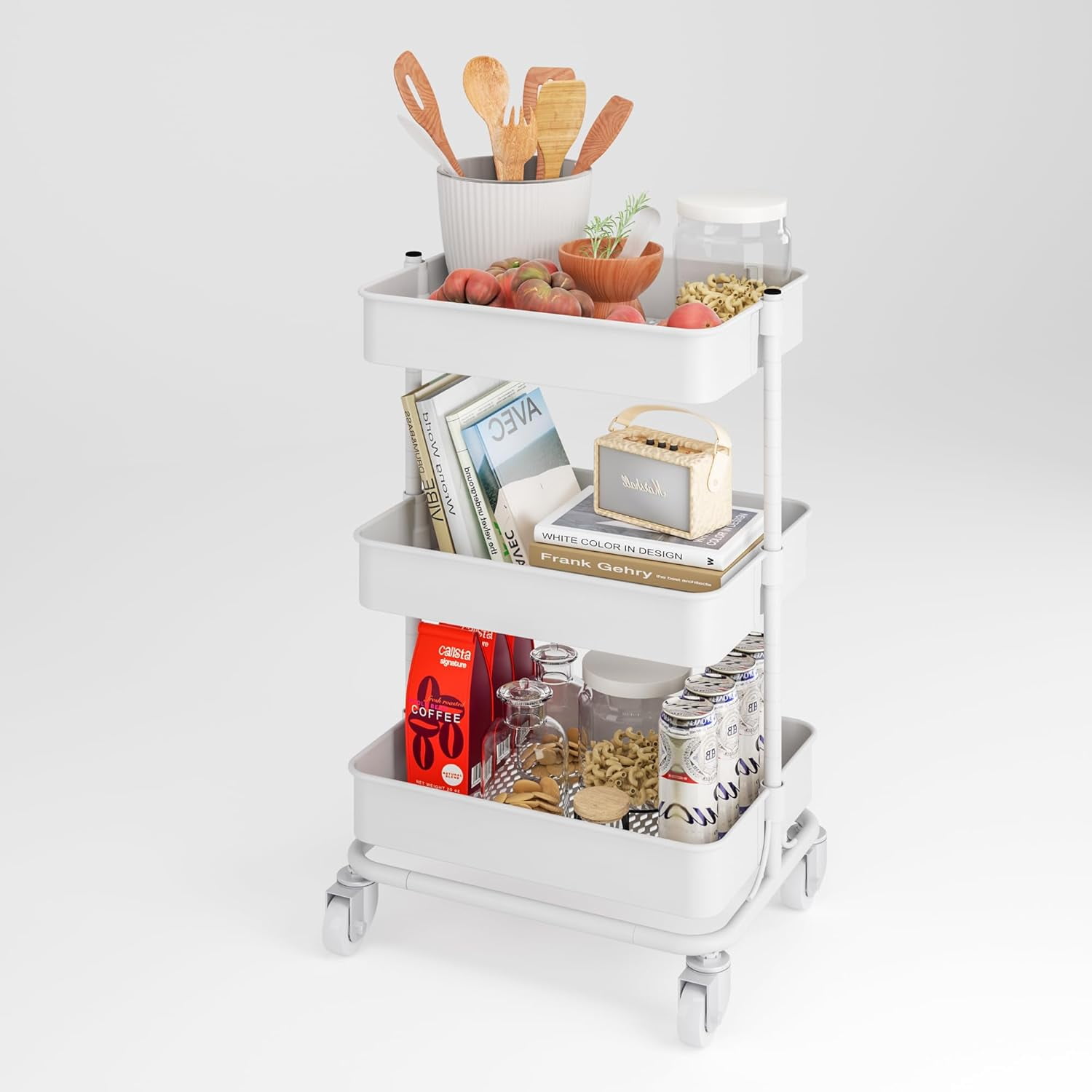 3 Tier Metal Rolling Cart with Wheels, Utility Storage Cart with Handle ...