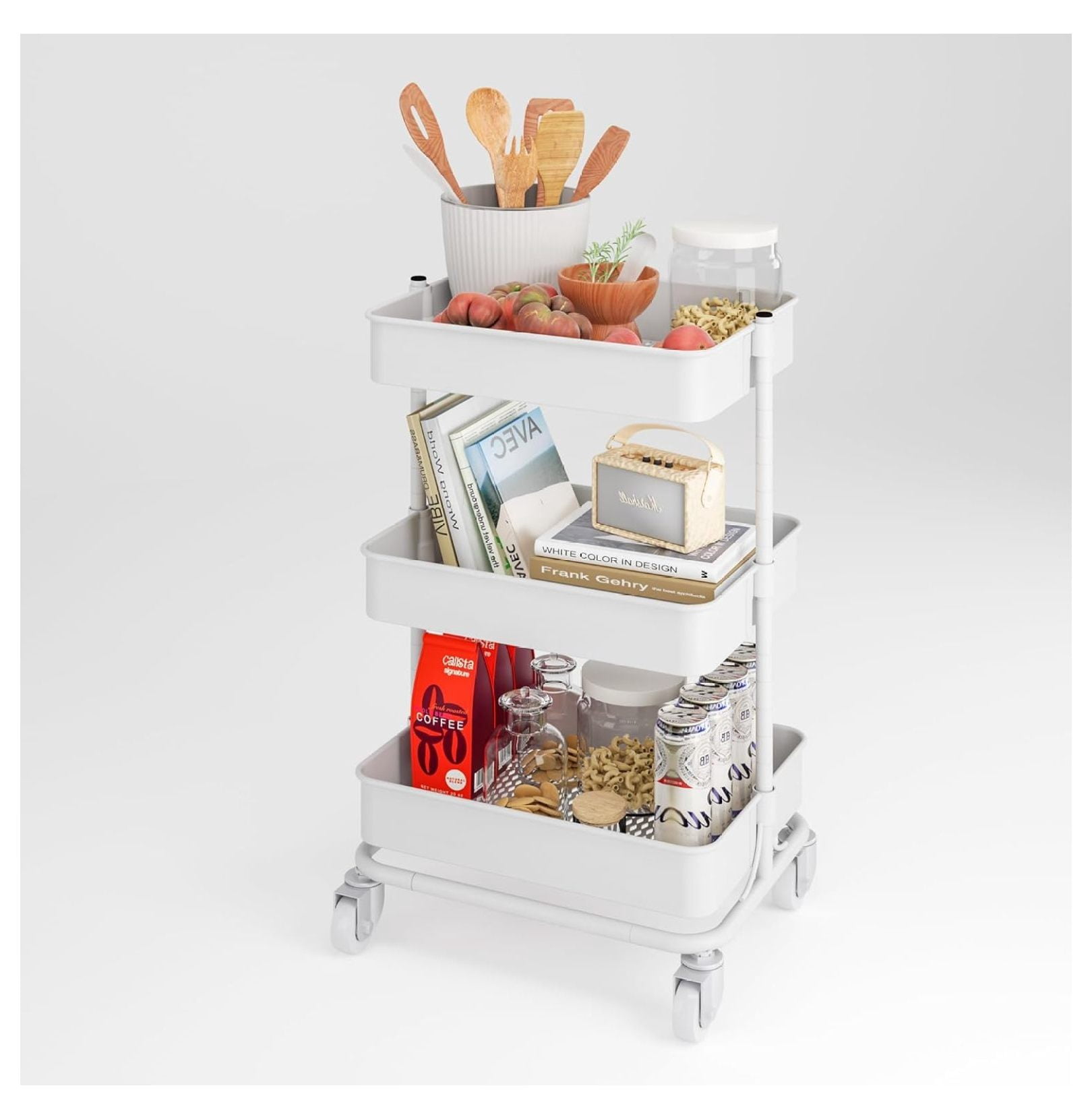 3 Tier Metal Rolling Cart with Wheels, Utility Storage Cart with Handle ...