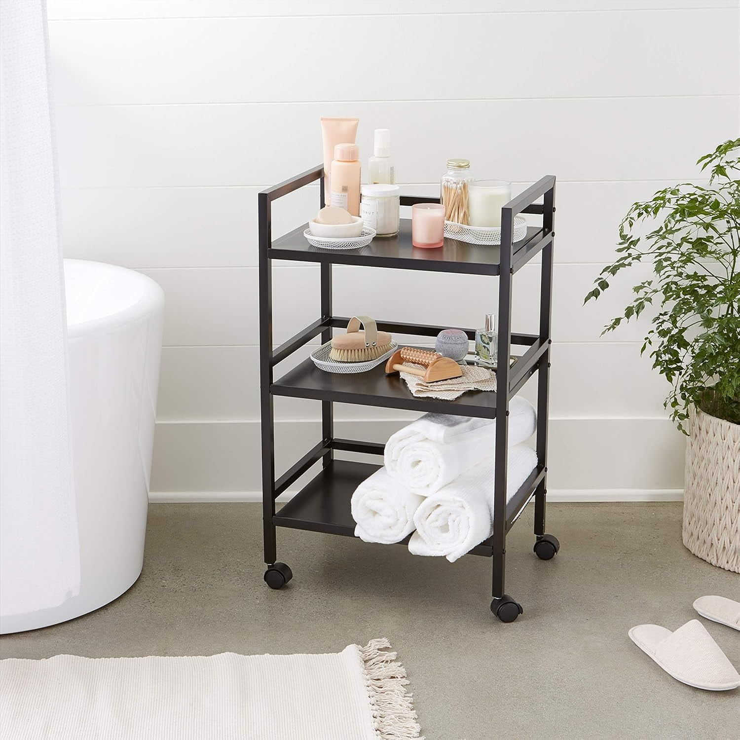 3-Tier Metal Rolling Cart with Black Powder-Coated Finish, Easy Storage ...