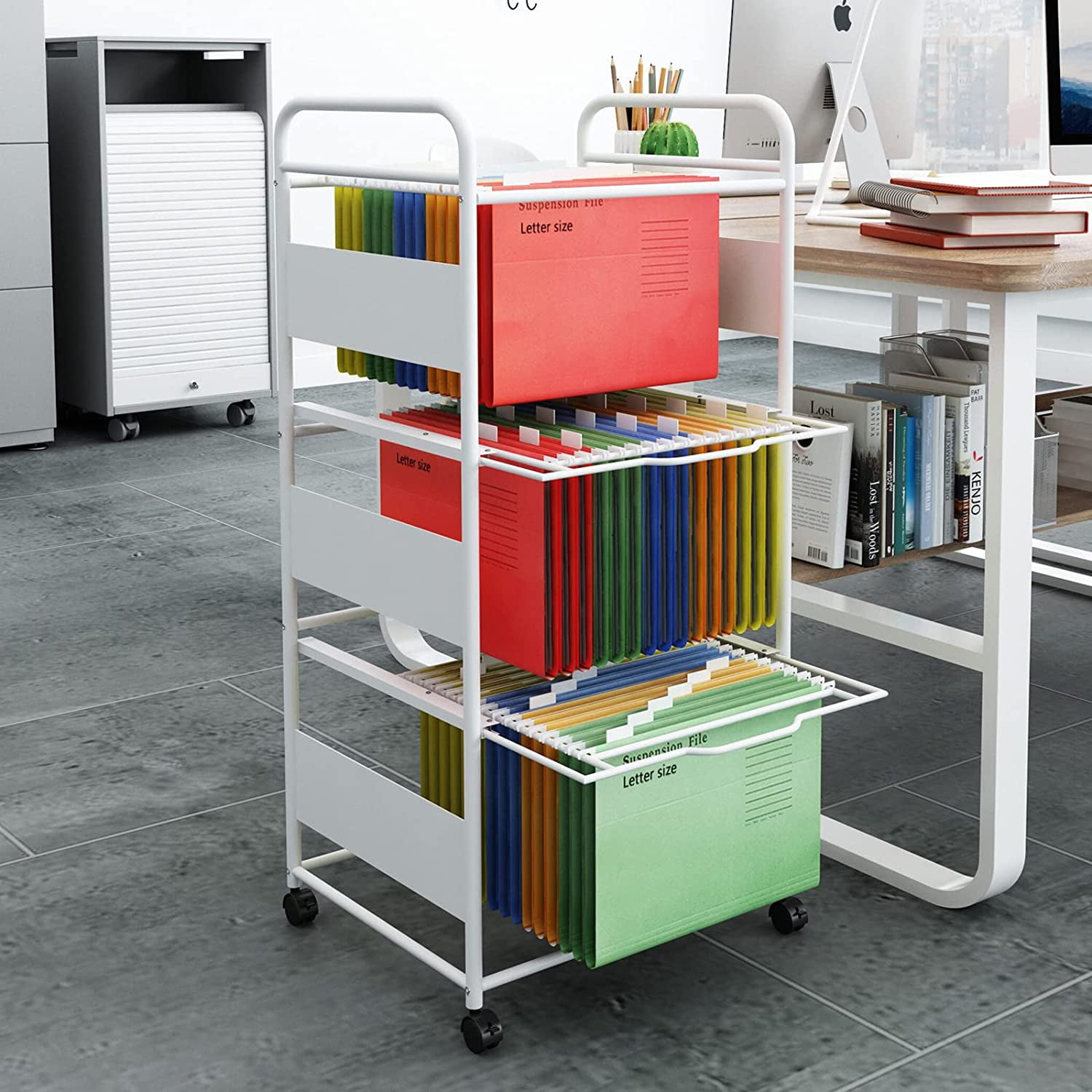 3-Tier Metal Rolling File Cart with Wheels and Hanging Files for Letter ...