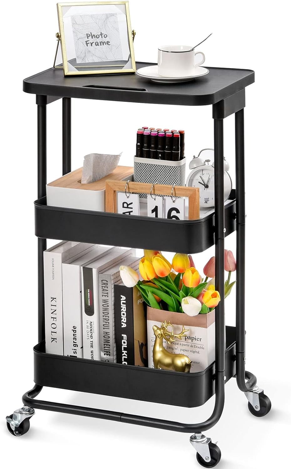 3-Tier Metal Rolling Storage Cart with Tabletop, Utility Rolling Carts ...
