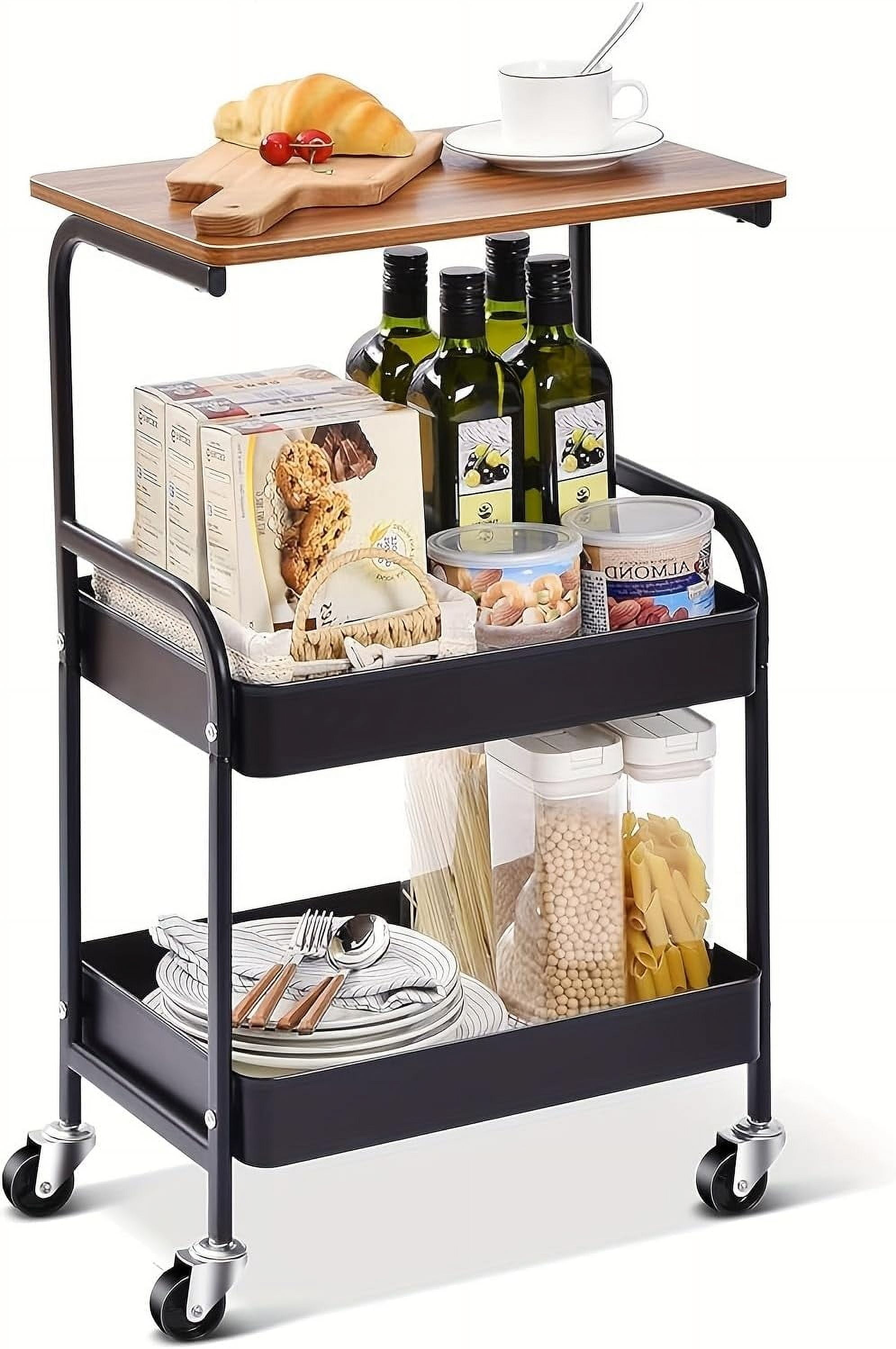 3-Tier Metal Rolling Storage Cart Utility Cart with Wooden Table Top ...