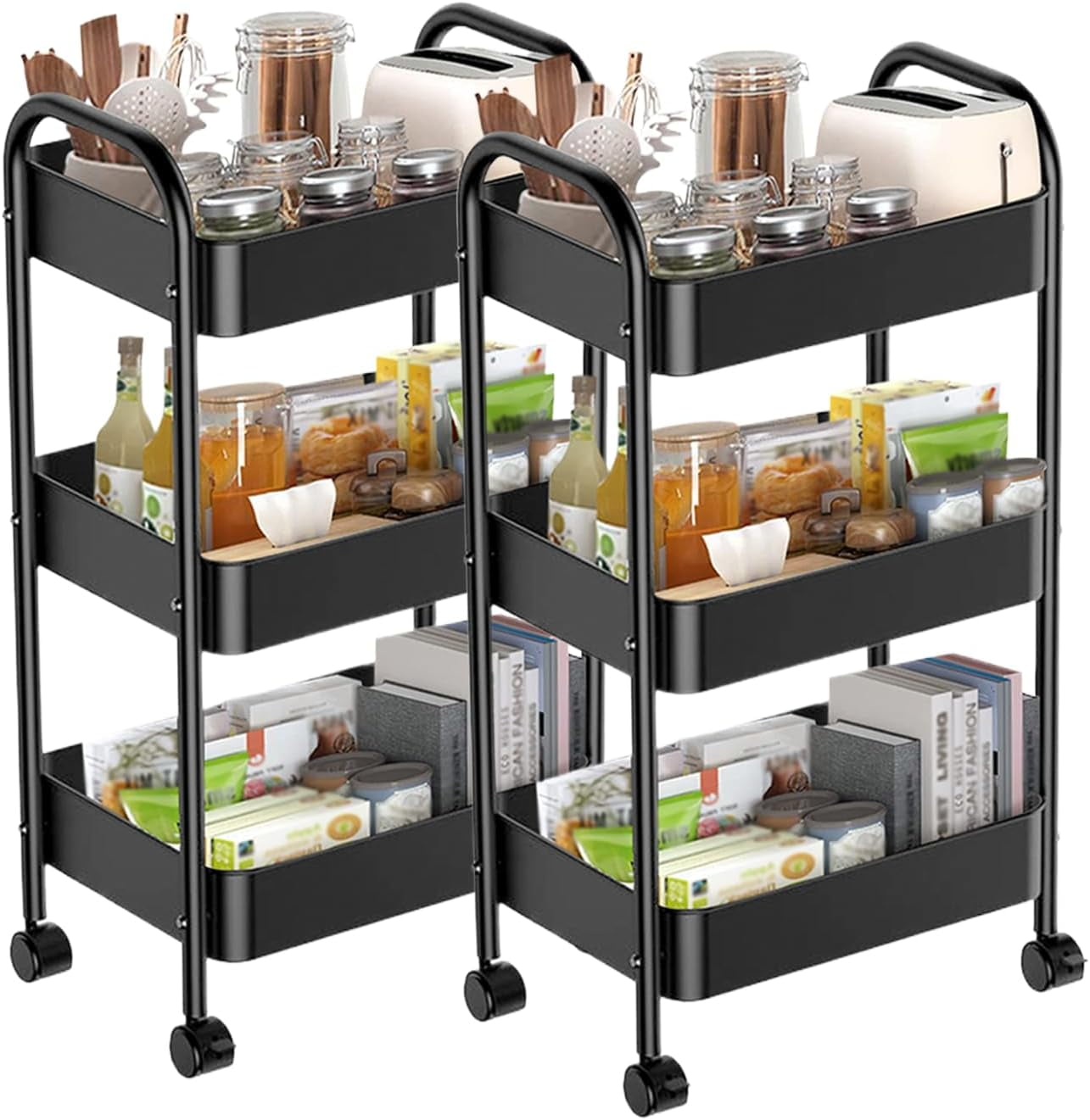 3 Tier Metal Rolling Utility Cart with Handle, Detachable Rolling ...