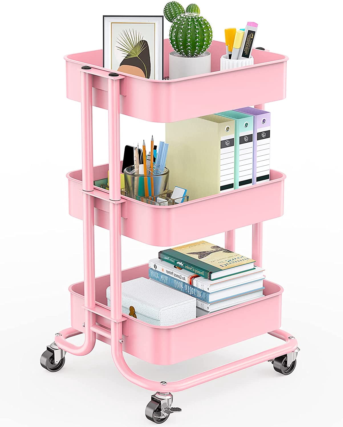 3-Tier Metal Rolling Utility Cart, Heavy-Duty Storage Cart with 2 ...