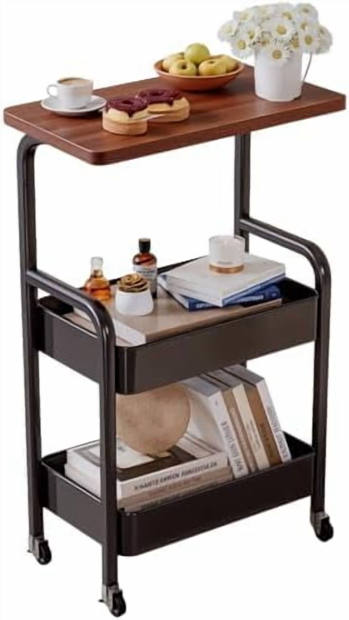 3 Tier Metal Rolling Utility Cart Organizer with Walnut Table Top ...