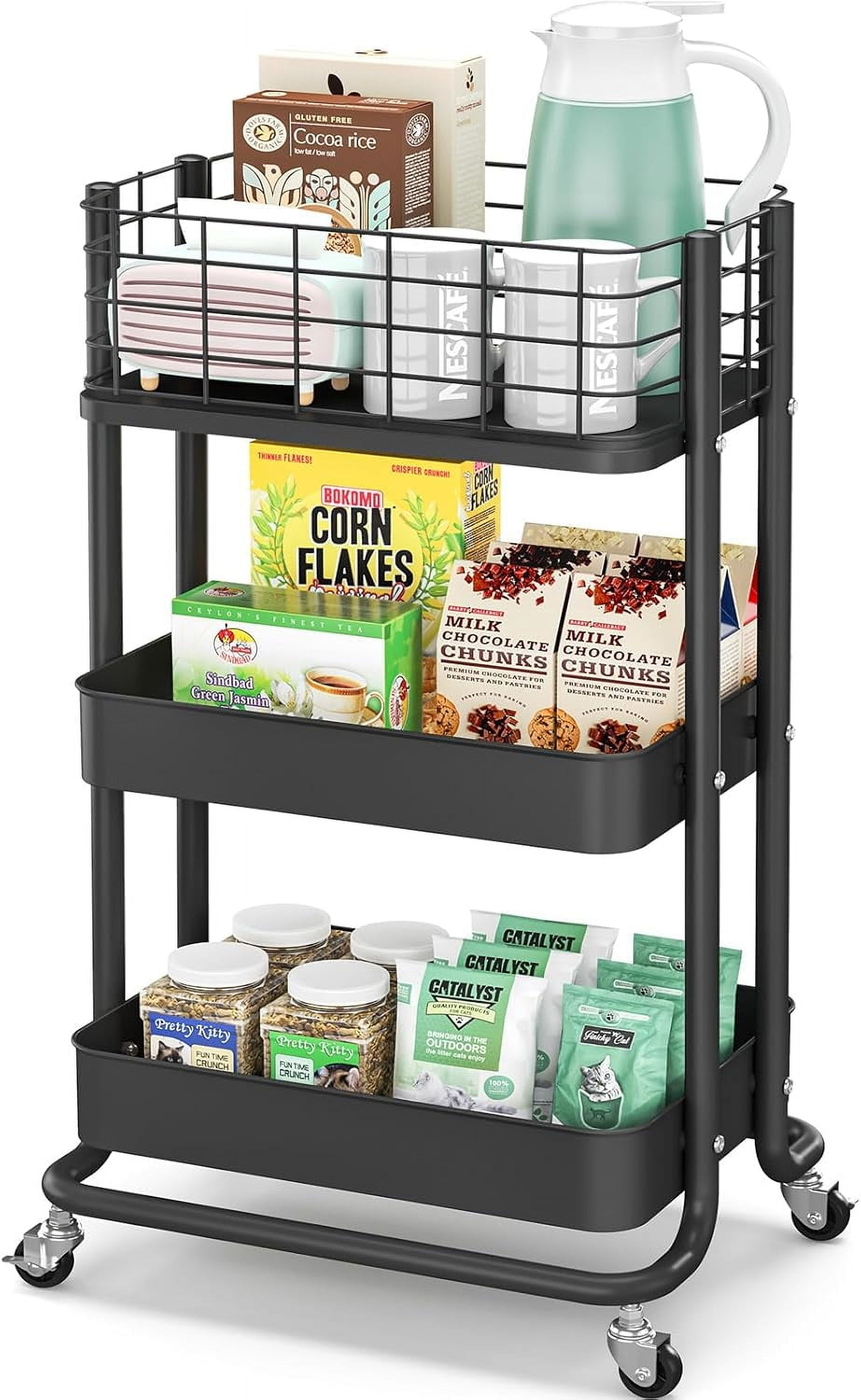 3-Tier Metal Rolling Utility Cart, Rolling Cart Organizer, Storage Cart ...