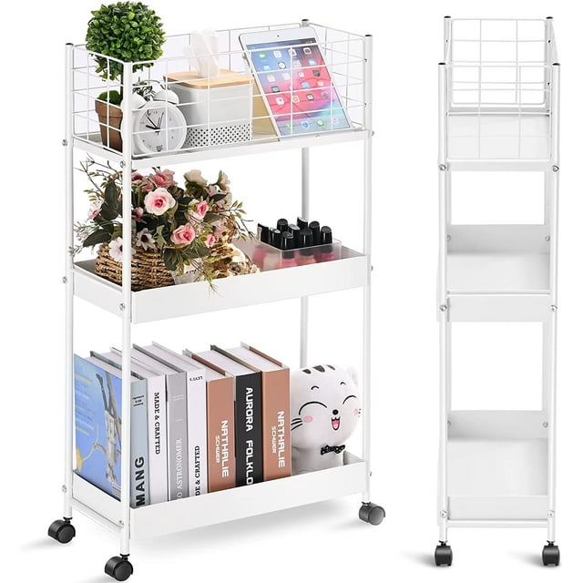 3-Tier Metal Rolling Utility Cart with Wheels,Slim Storage Cart,Slide ...