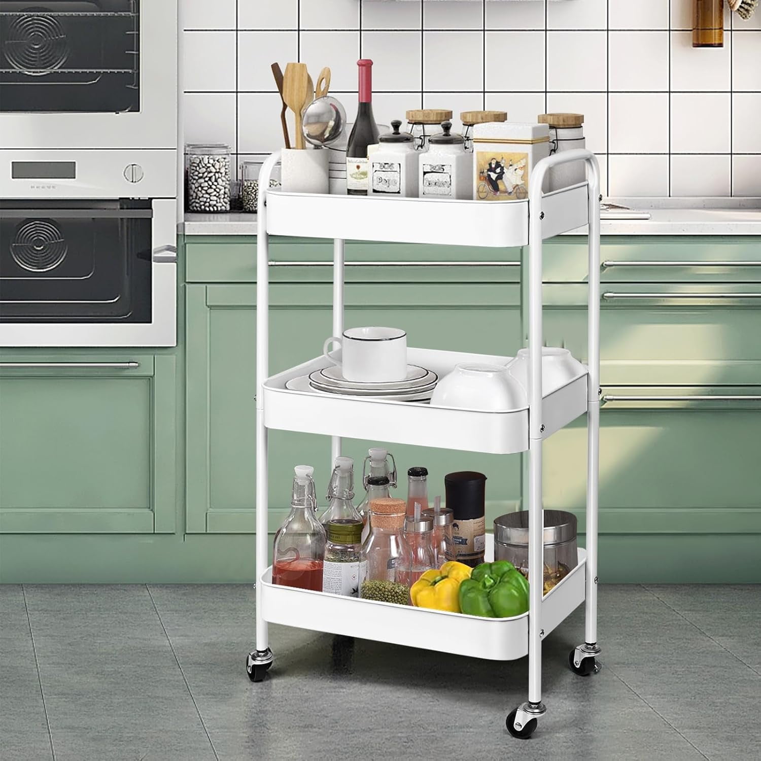 3-Tier Metal Rolling Utility Cart with Wheels, Space-Saving Storage ...