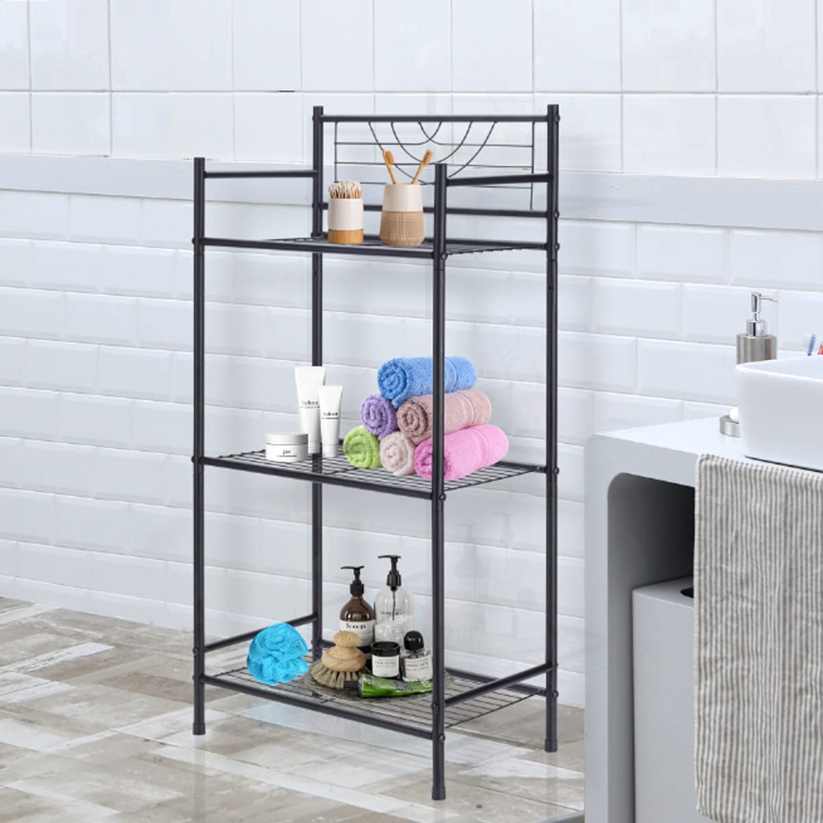 3-Tier Metal Shelf Free Standing Bathroom Tower Storage Rack Corner ...