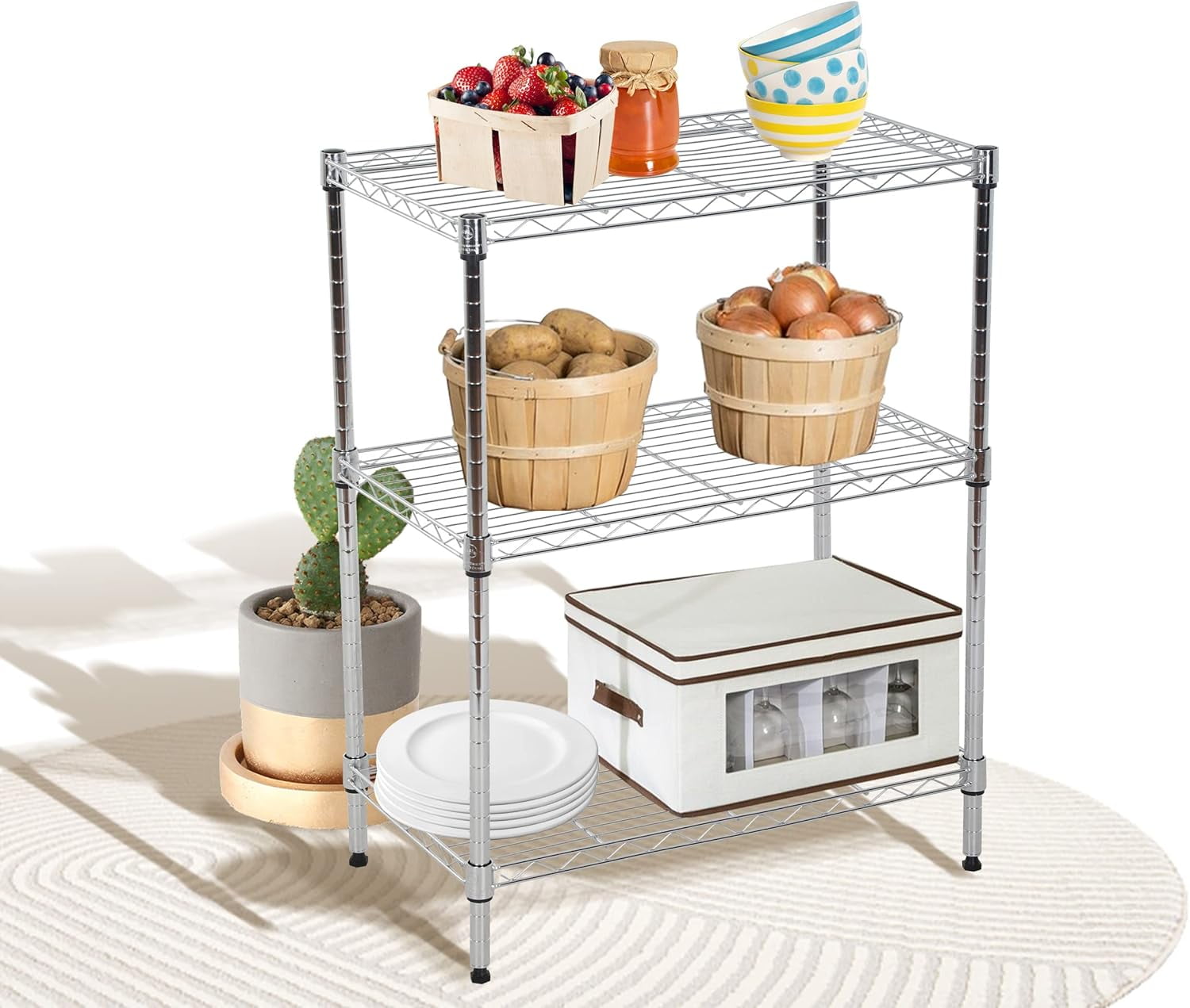 3-Tier Metal Shelving Adjustable Height 450Lb Capacity Small Wire ...