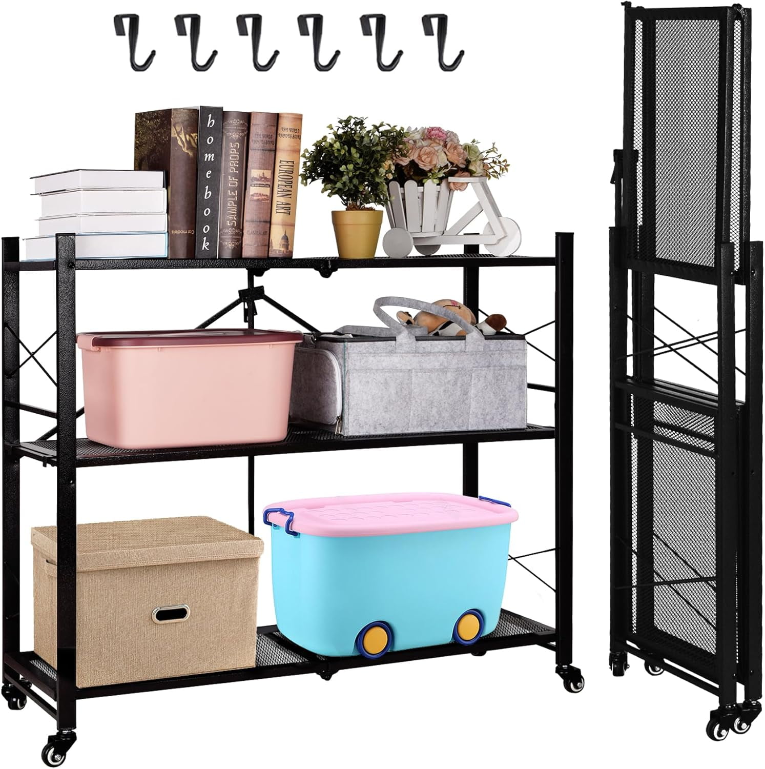 3-Tier Metal Shelving with Wheels and 6 Hook, Rolling Storage Shelves ...