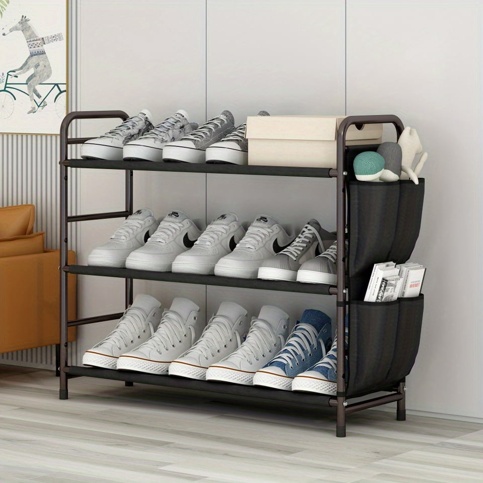 3-Tier Metal Shoe Rack Organizer with Side Pockets - Space-Saving ...