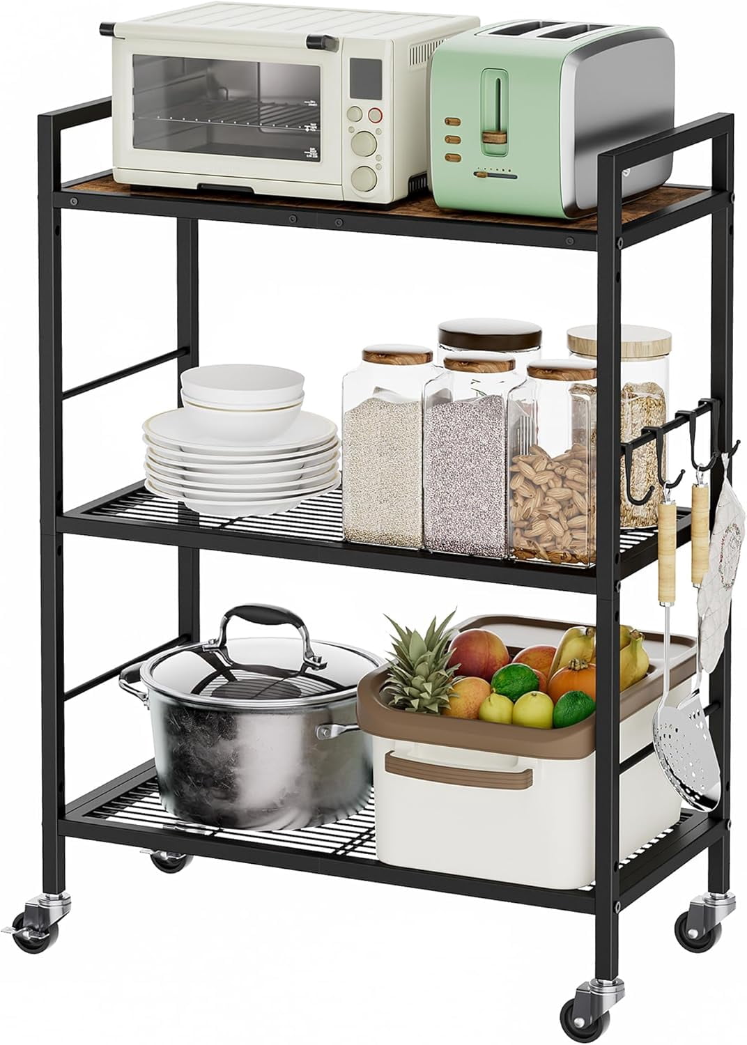 3-Tier Metal Storage Rack with Industrial Wheels,Mesh Shelving Unit ...