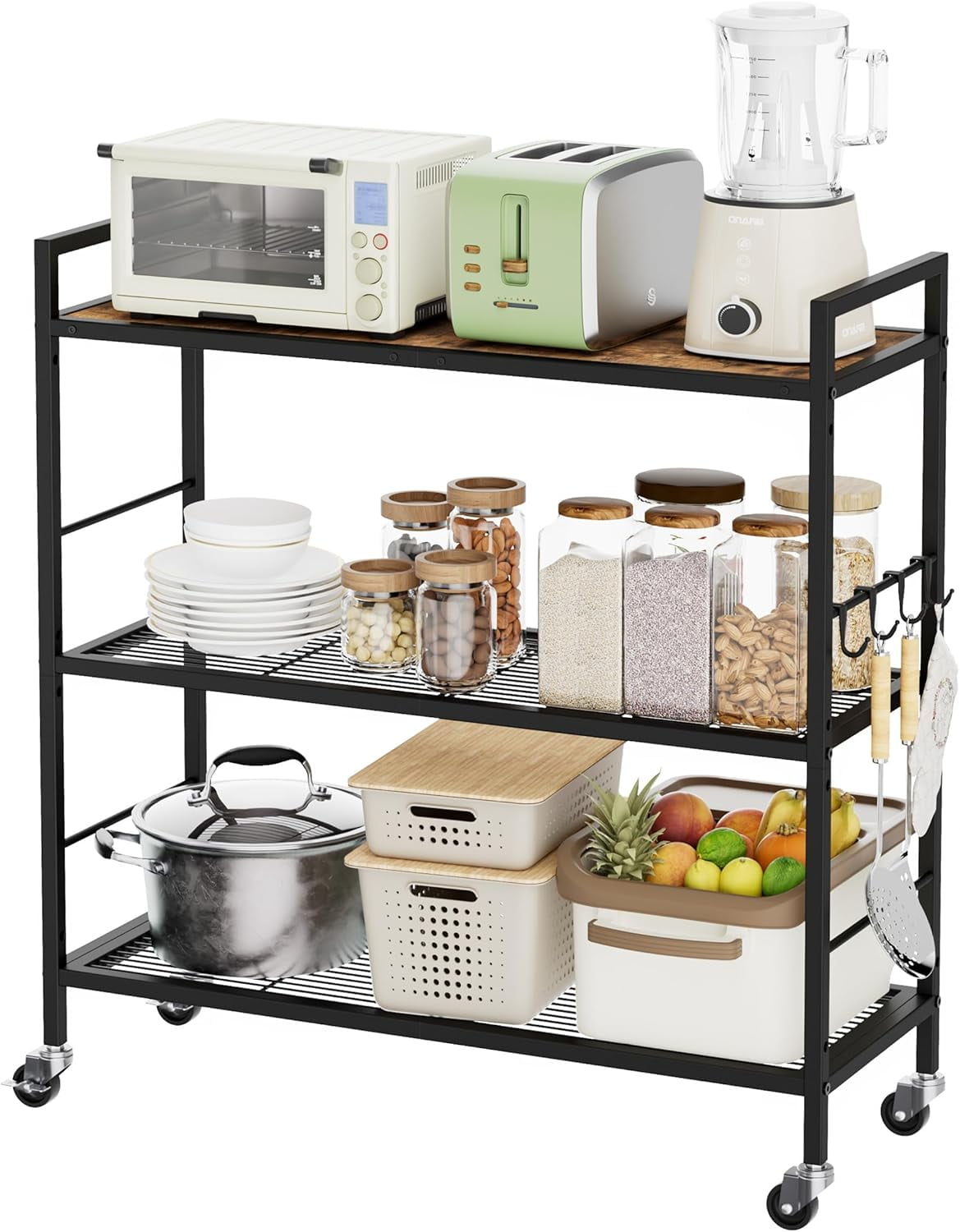3-Tier Metal Storage Rack with Industrial Wheels,Mesh Shelving Unit ...
