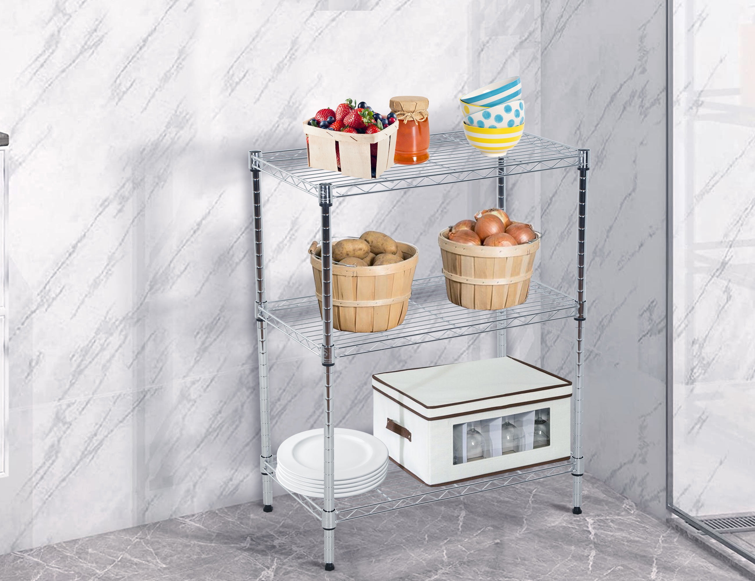 3 Tier Metal Storage Shelves Height Adjustable Standing Wire Rack ...