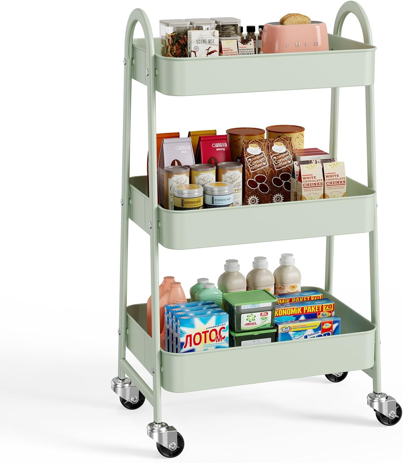 3 Tier Metal Storage Utility Cart with Wheels, Kitchen Organizer ...