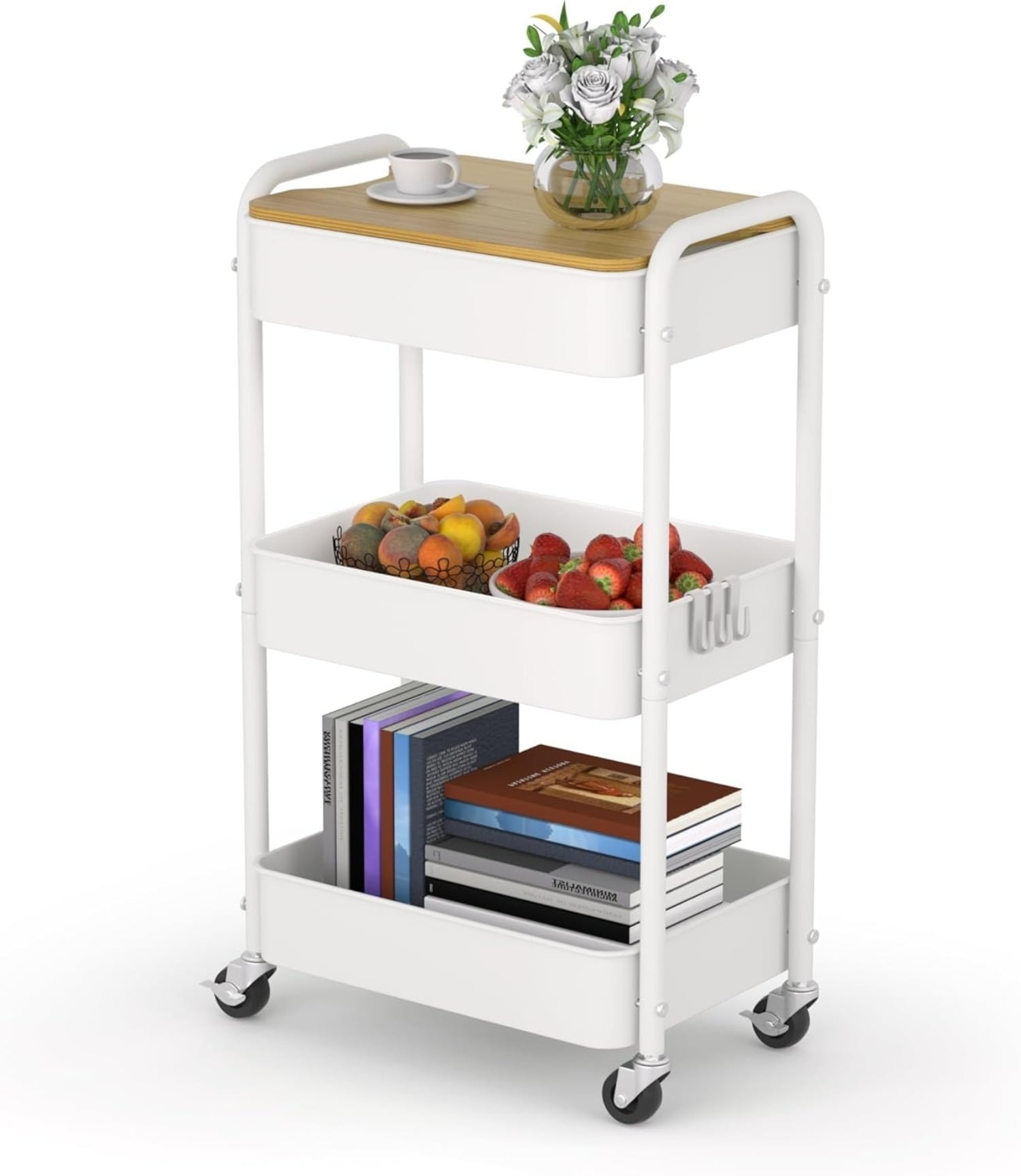 Rolling 3 Tier Metal Utility Cart with Wooden Tabletop and Lockable ...