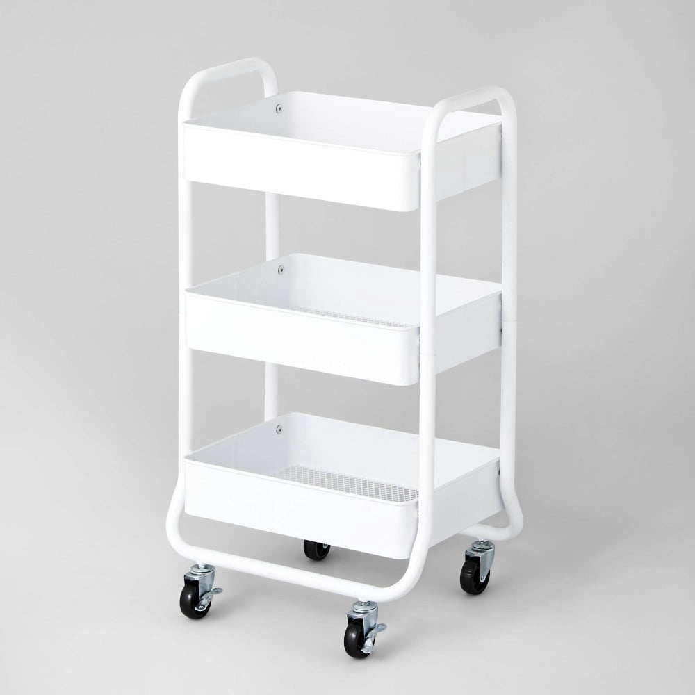 3 Tier Metal Utility Cart - Rolling Storage Trolley with Wheels, Powder ...