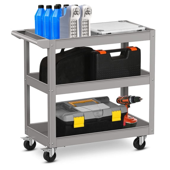 3-Tier Metal Utility Cart Trolley Tool with Flat Handle and 2 Lockable ...