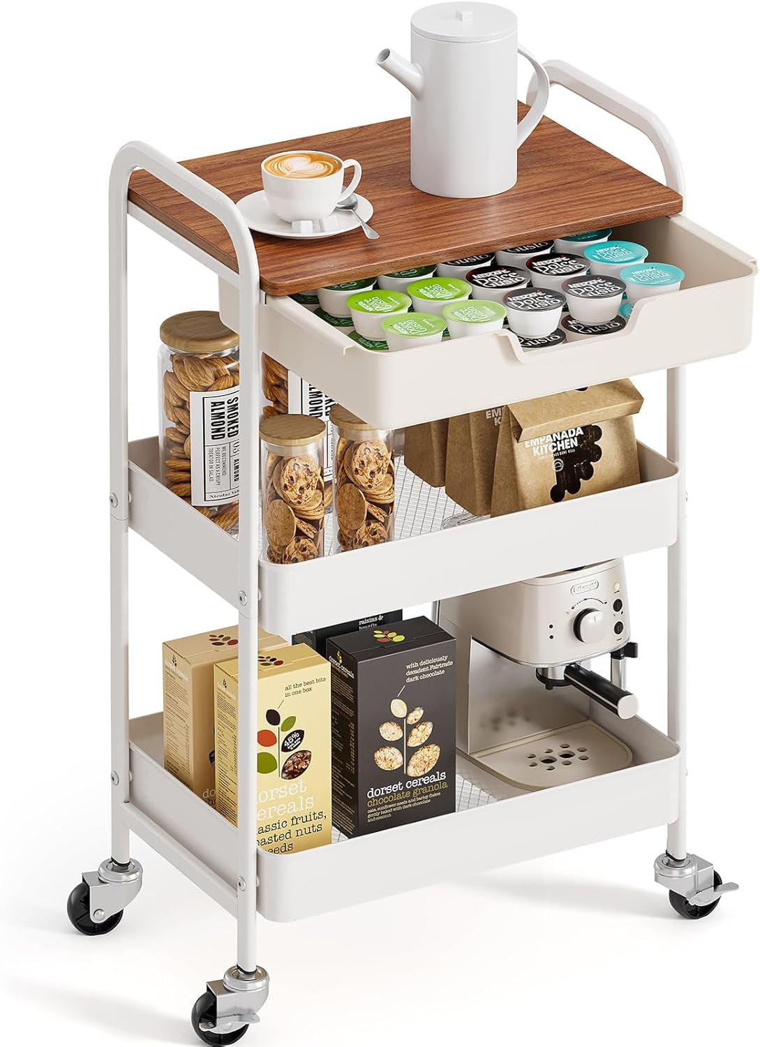 3-Tier Metal Utility Rolling Cart with Drawer & Wooden Table Top ...