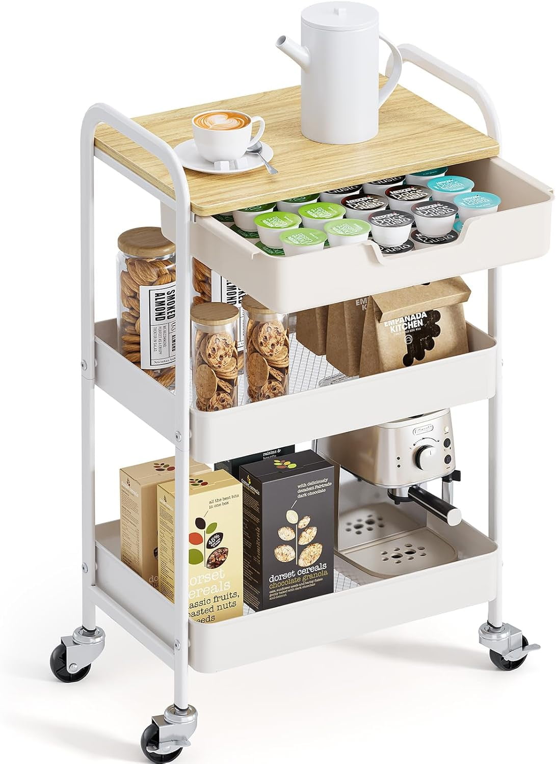 3-Tier Metal Utility Rolling Cart with Drawer and Wooden Table Top ...